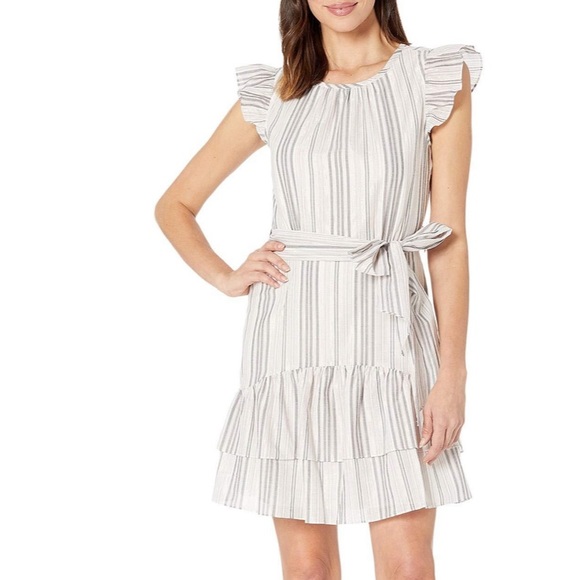 CeCe | Dresses | Cece Flutter Sleeve Metallic Stripe Ruffle Dress ...